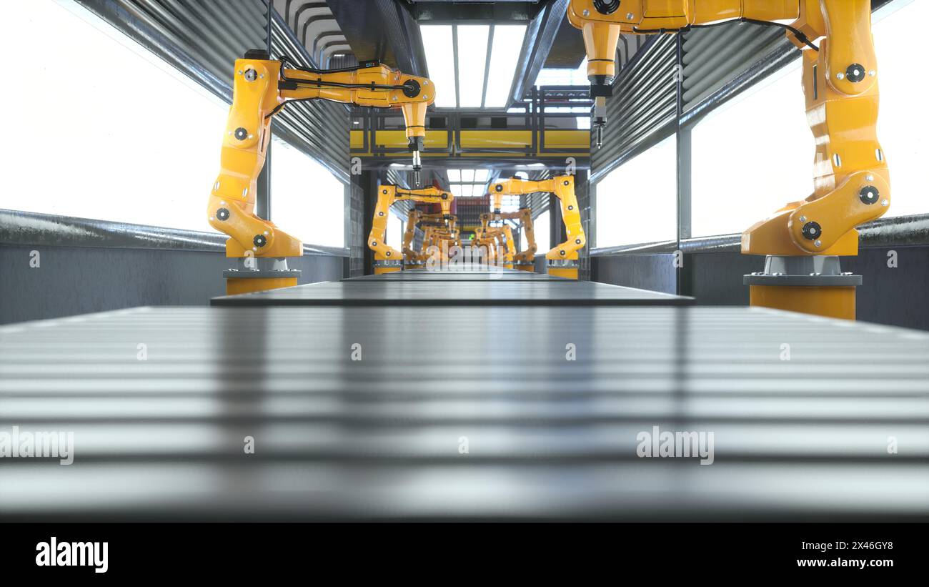 Automated factory with robotic arms used for placing manufactured ...