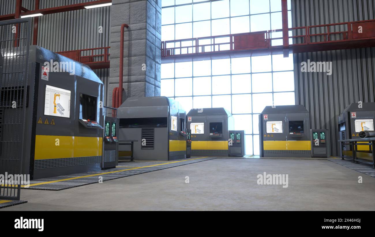 Modern automated factory with machines featuring control panels and ...