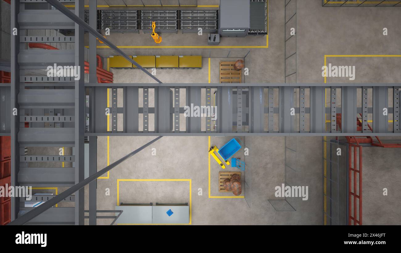 Facility with rows of industrial machines, manufacturing conveyor belts ...