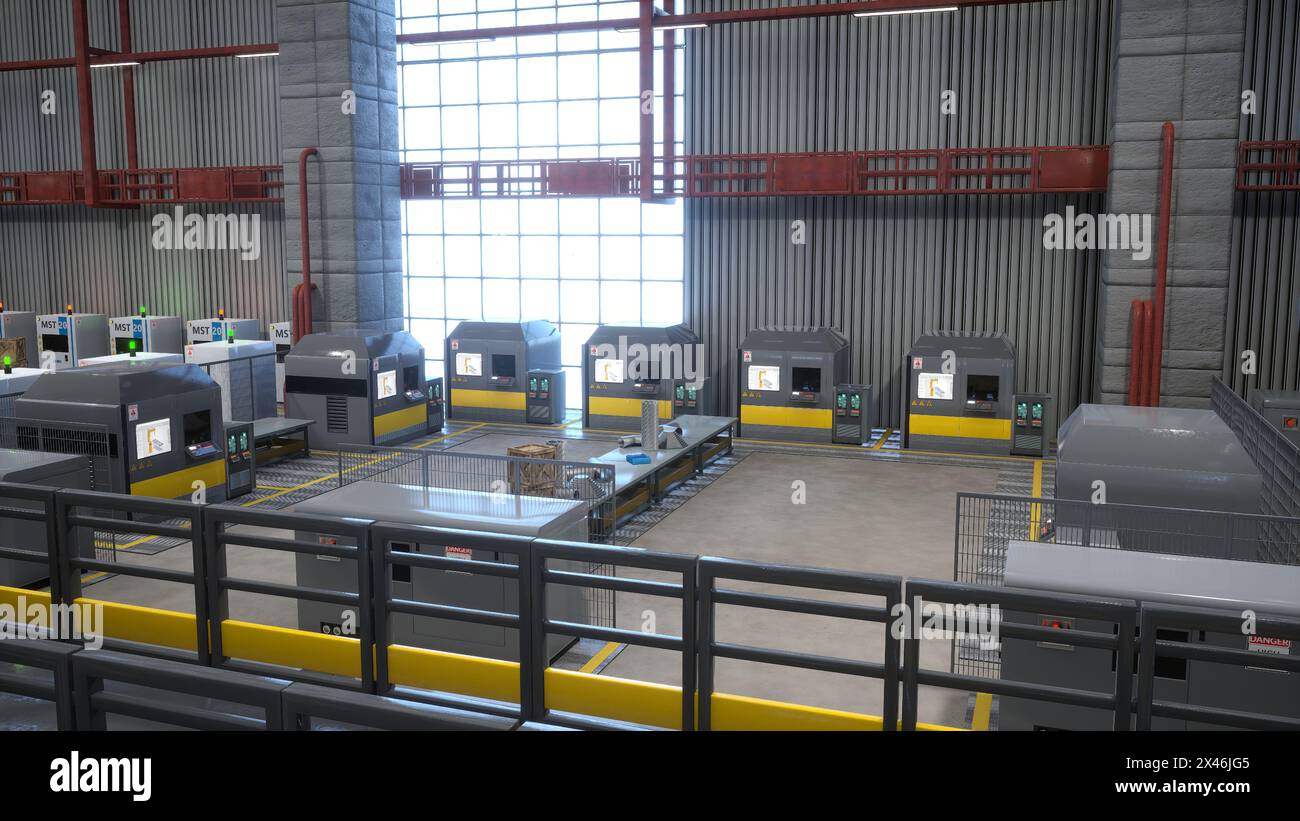 Rows of computerized machines in warehouse with control panels and ...