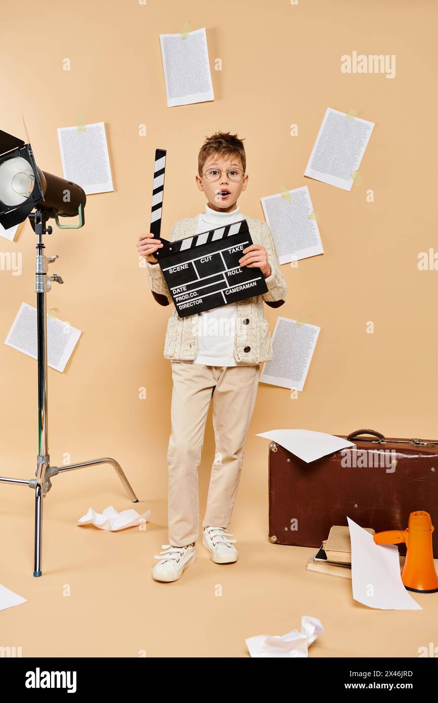 Preadolescent boy in film director costume holding slate in front of ...