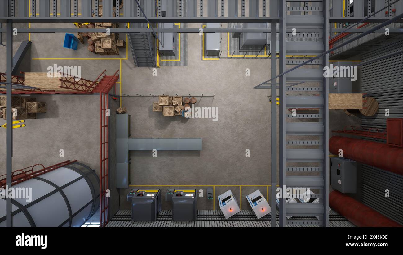 Top down view of industrial factory with wooden crates, barrels and ...