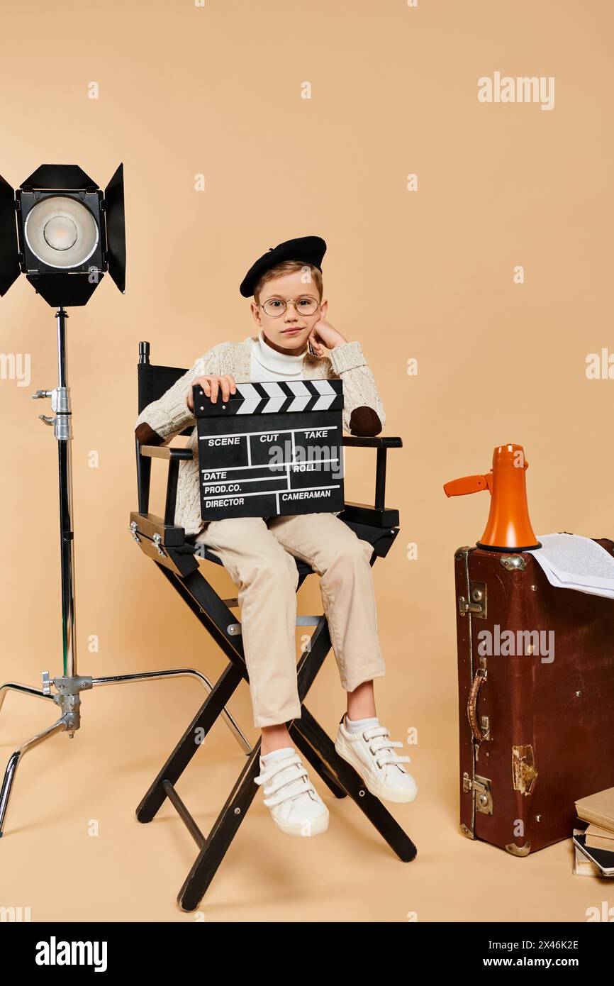Preadolescent boy in director attire with movie clapper, seated in ...
