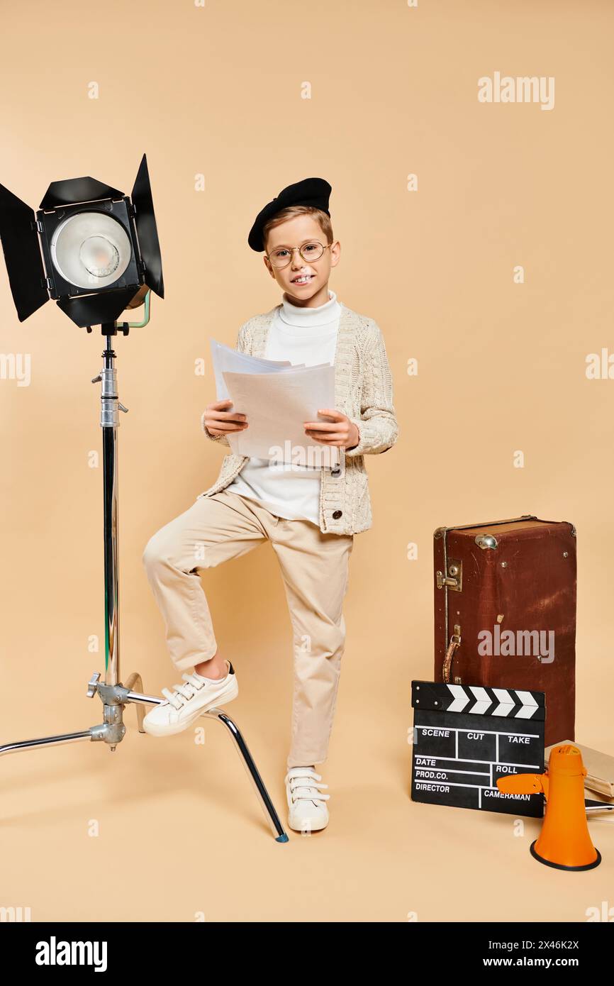 Preadolescent boy in movie director attire holding script Stock Photo ...