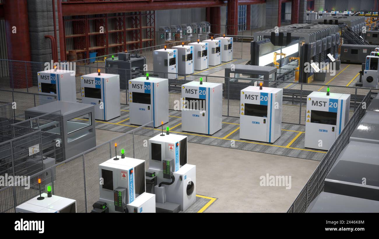 Industrial facility showcasing rows of high tech machines with control ...