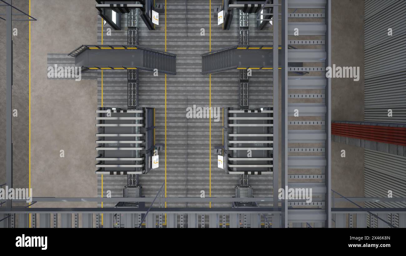 Top down view of automated factory with conveyor belts transporting ...