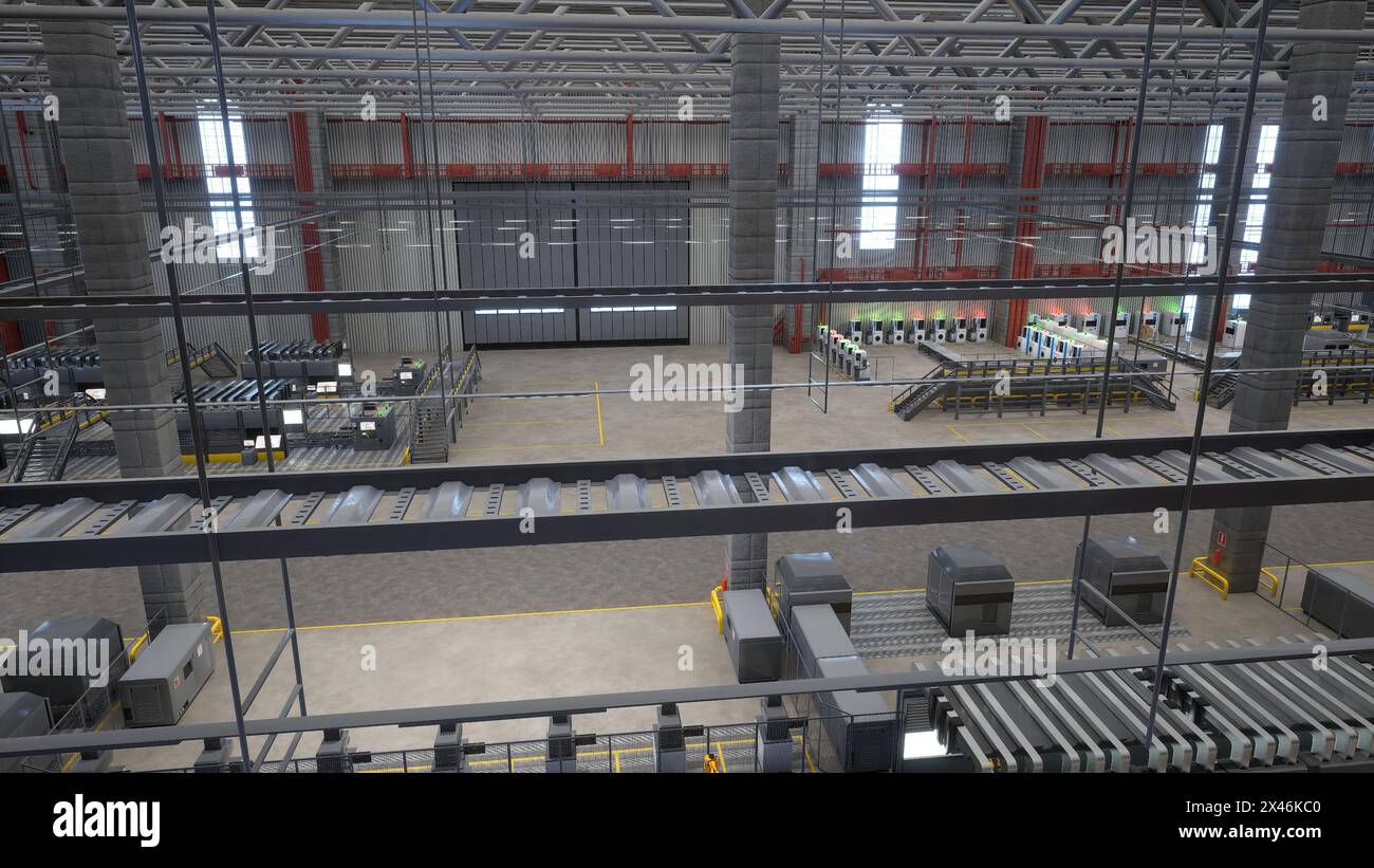Huge empty storage hall with rows of industrial machines, conveyor ...