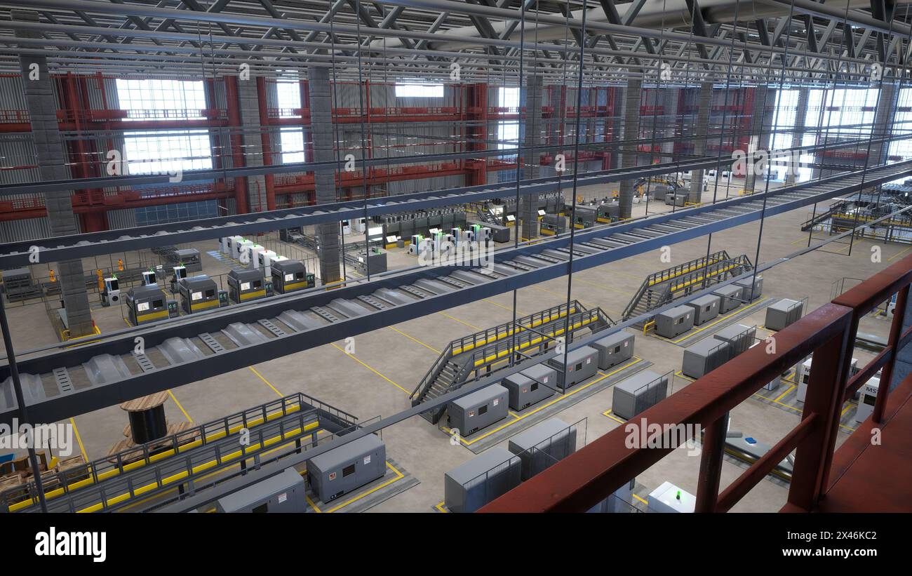 Top down view of industrial facility showcasing rows of high tech ...
