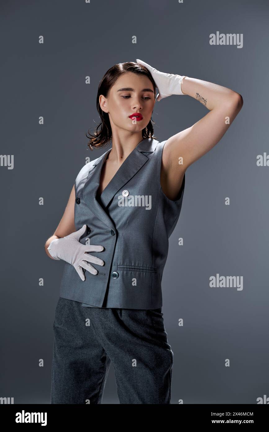 Stylish young woman strikes a pose in an elegant gray suit with a vest ...