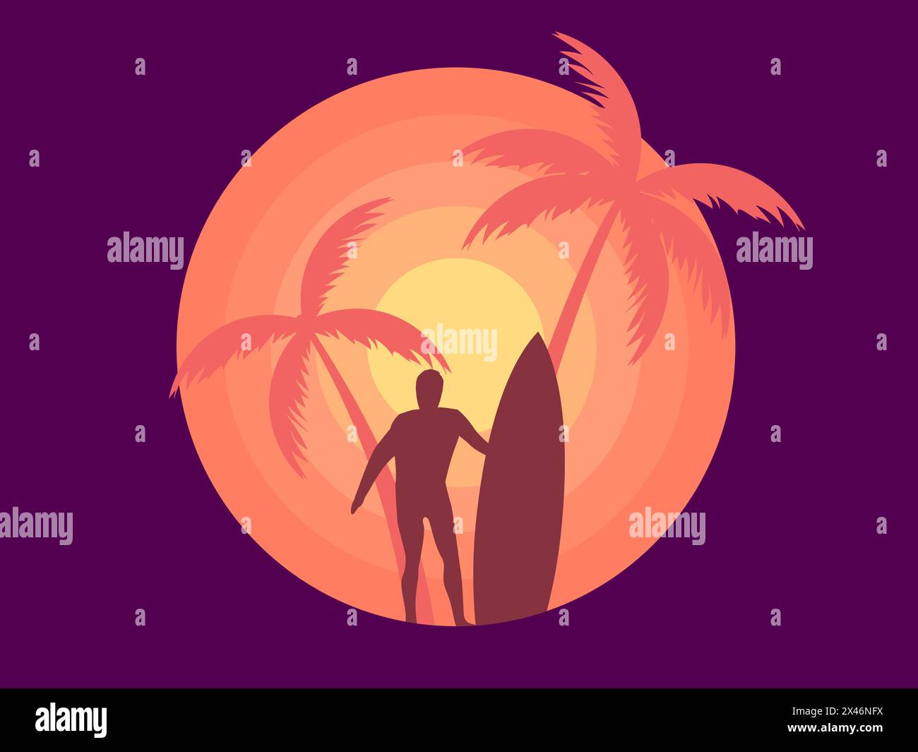 Silhouette of a surfer with a surfboard against a background of sunset ...