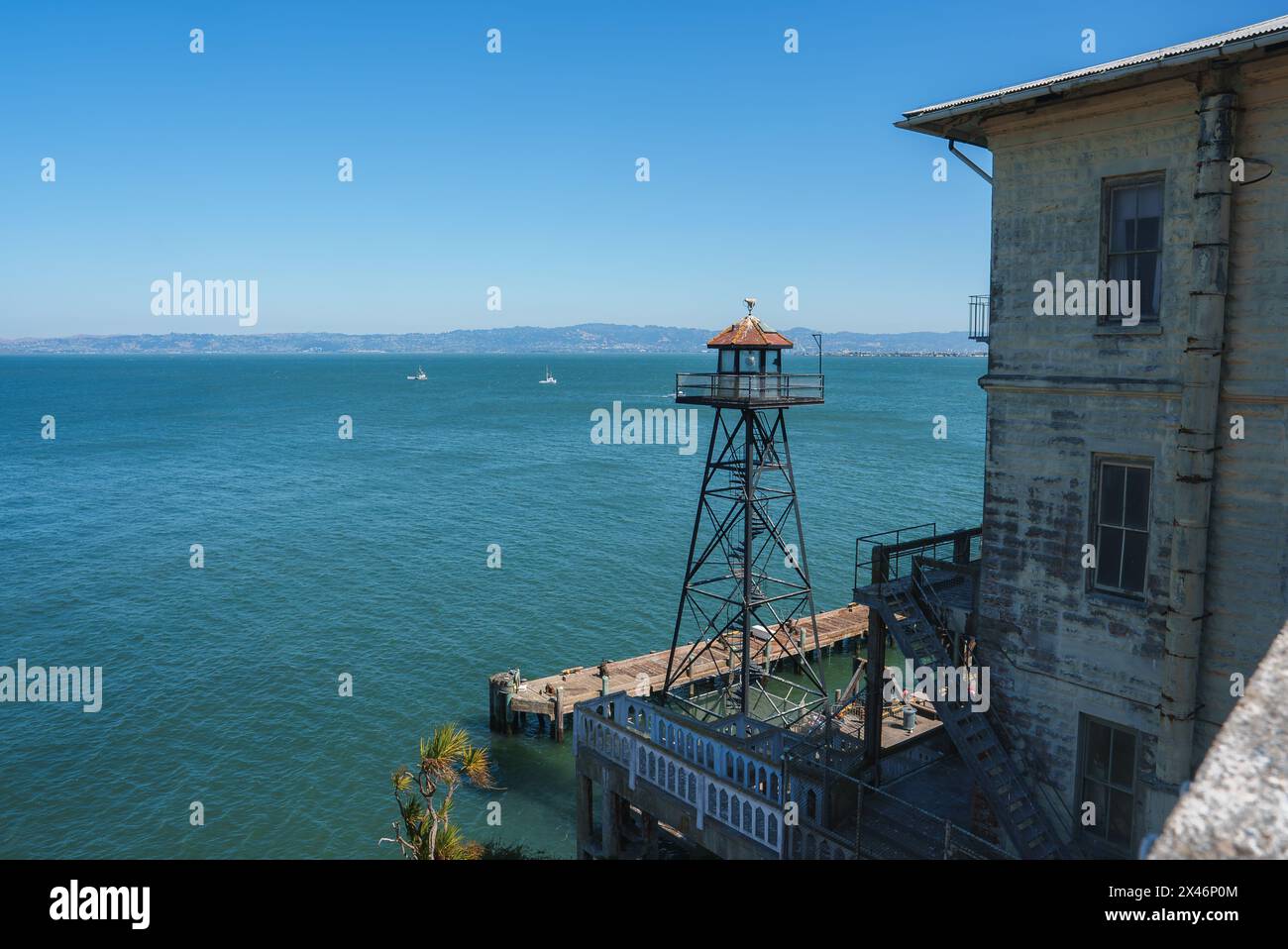 Historic Alcatraz prison guard tower overlooking San Francisco Bay, USA ...