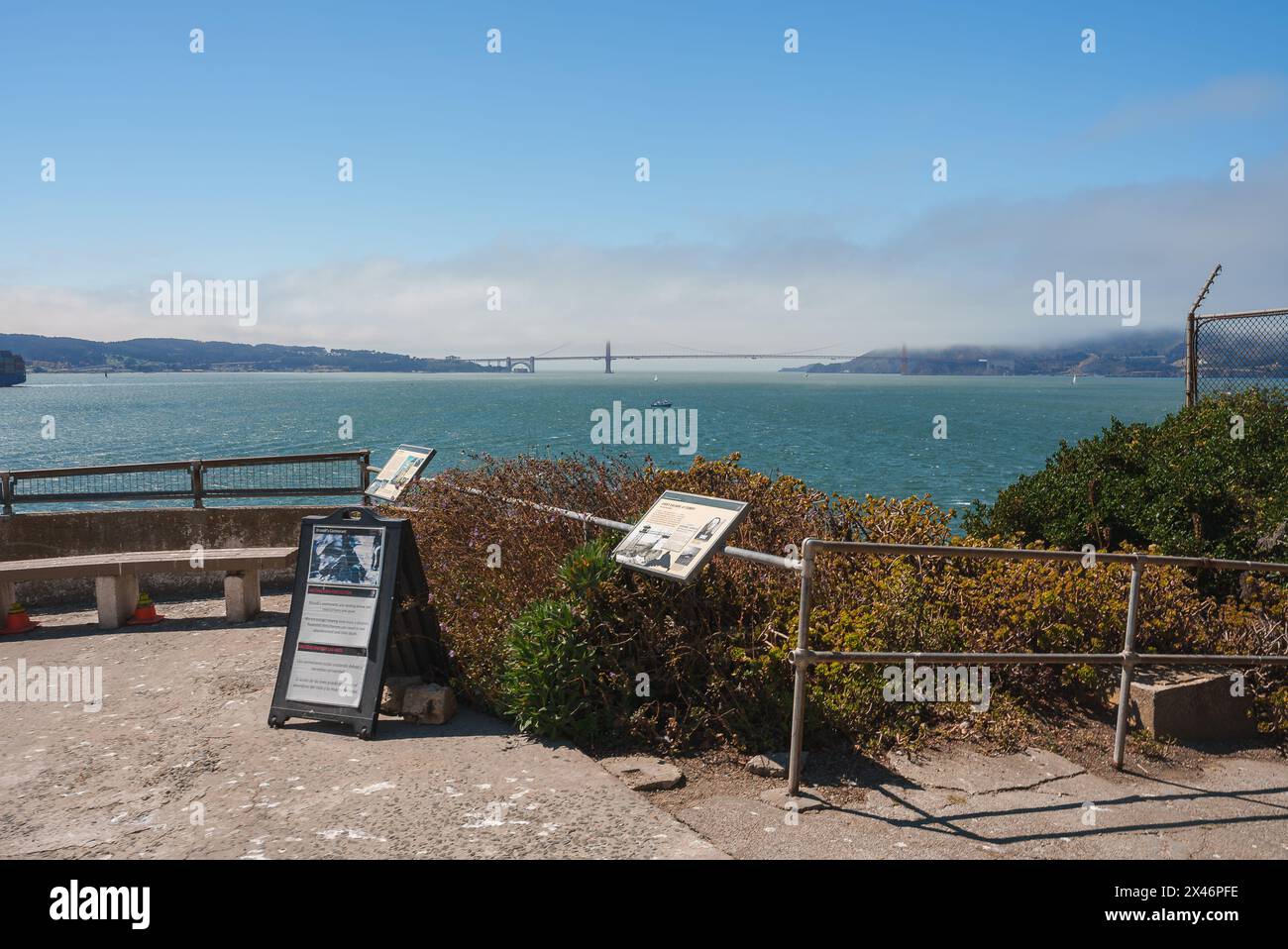 Historic Alcatraz viewpoint with Golden Gate Bridge Stock Photo - Alamy
