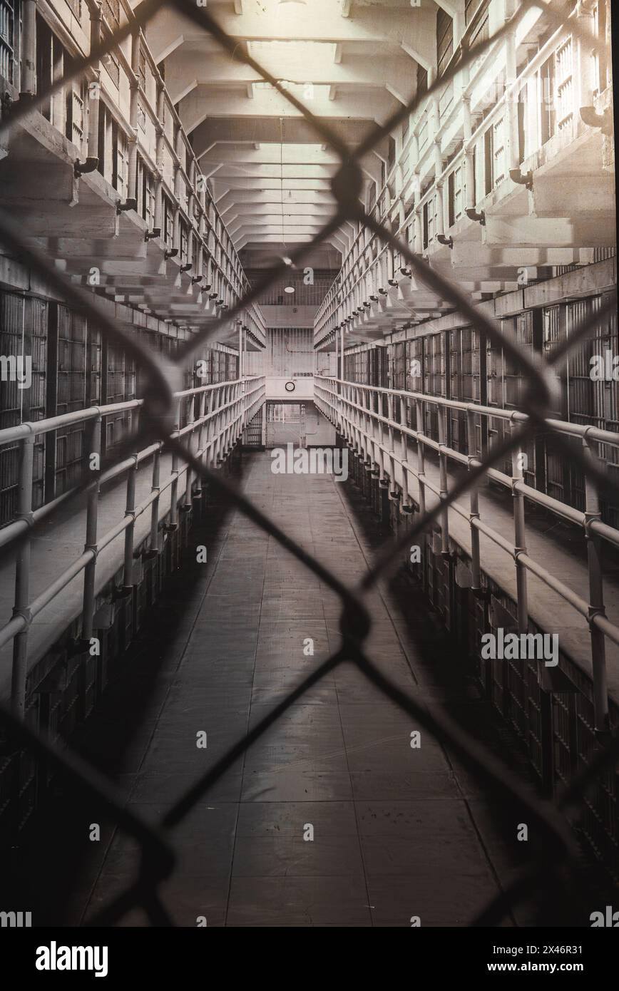 Alcatraz Interior View Corridor Through Chain Link Fence, San Francisco ...