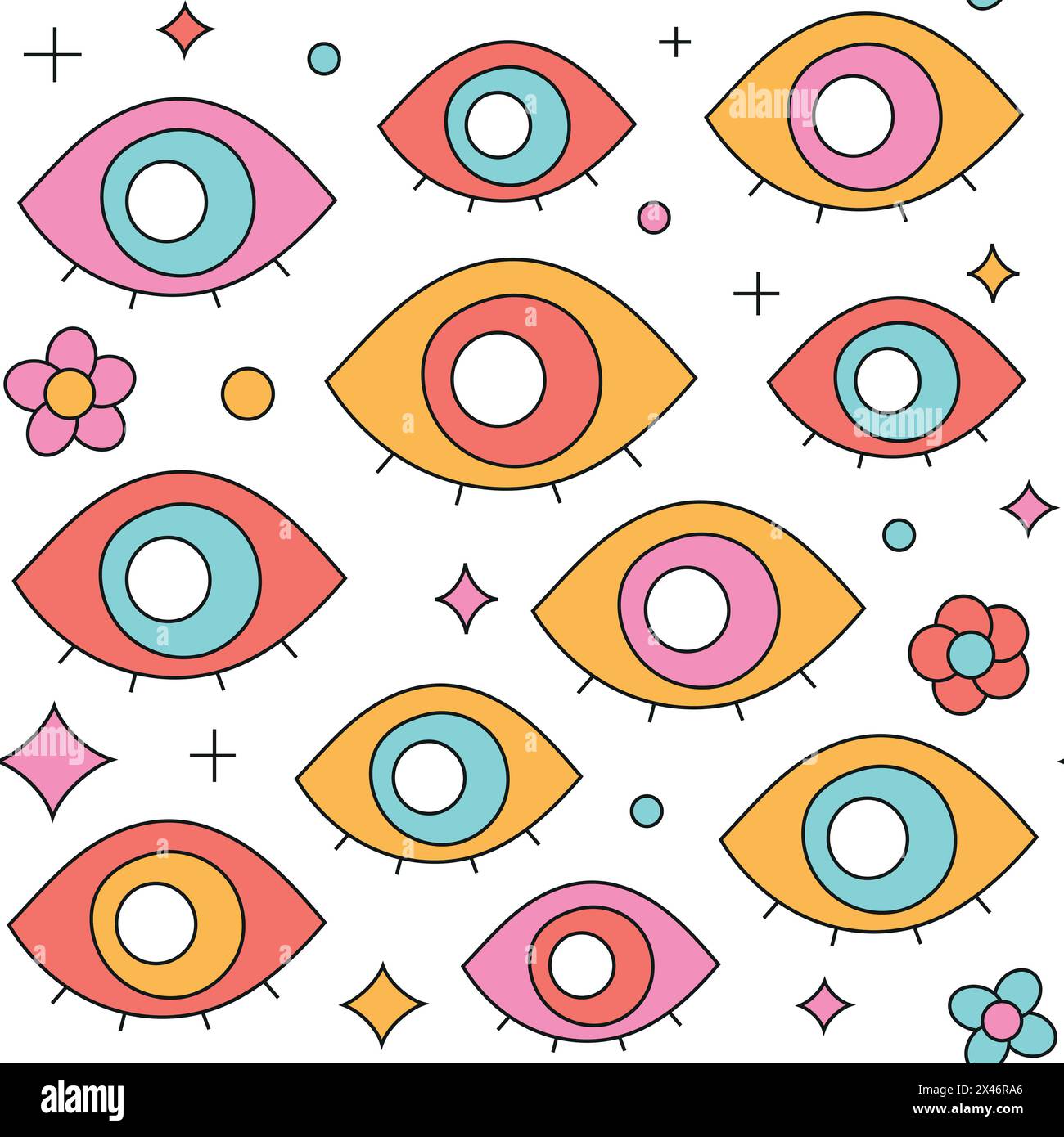 Trippy eye seamless pattern. Groovy abstract retro background. Bright ...