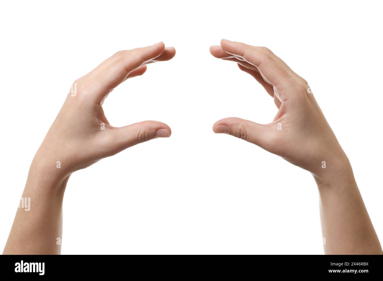 Woman holding something in hands on white background, closeup Stock ...