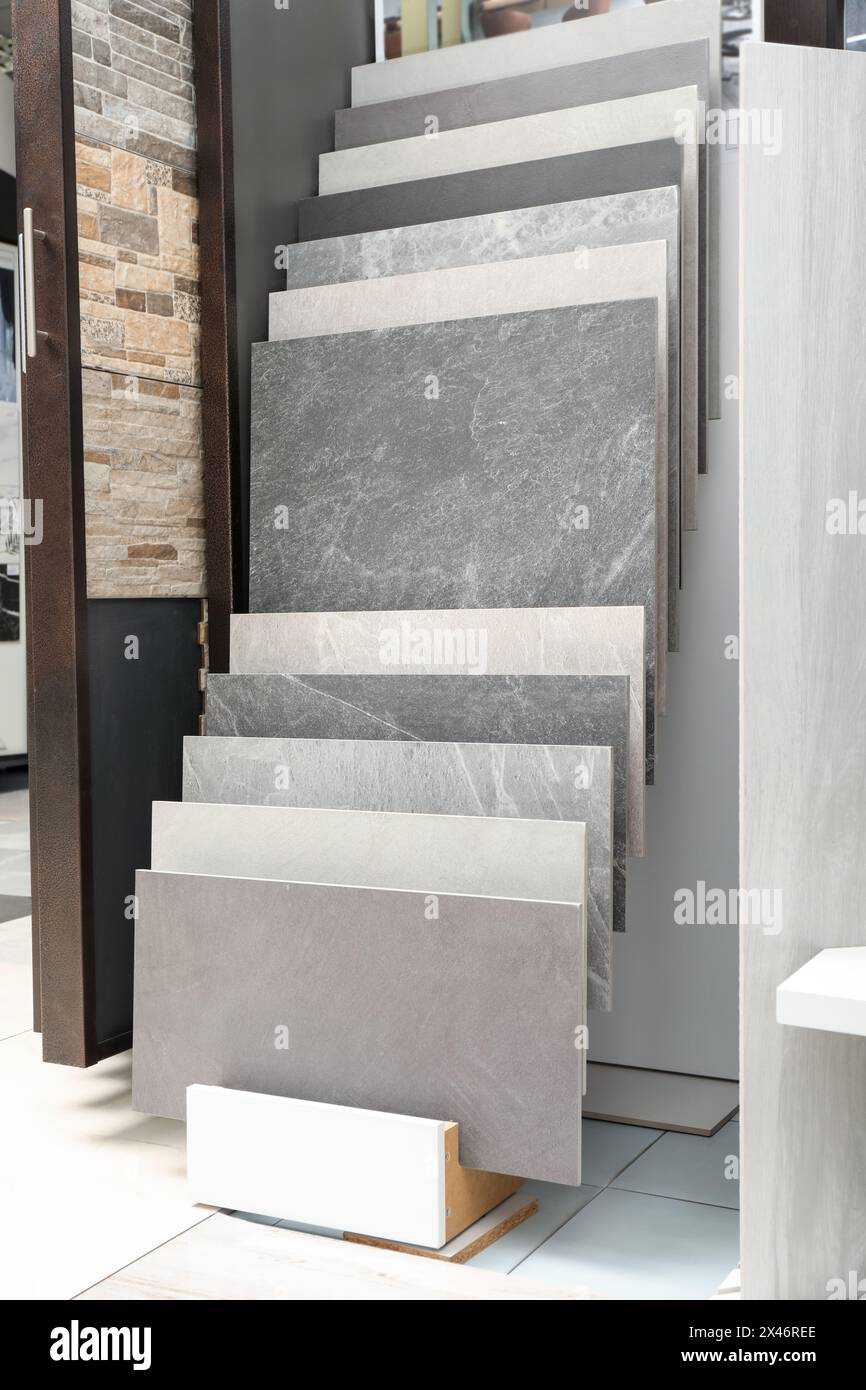 Many different samples of tiles on display in store Stock Photo - Alamy