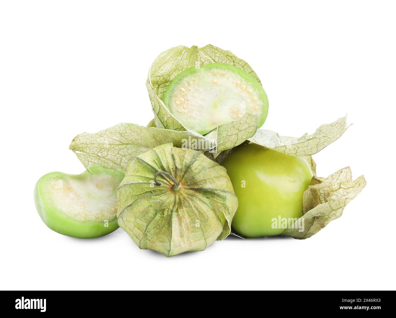 Fresh green tomatillos with husk isolated on white Stock Photo - Alamy