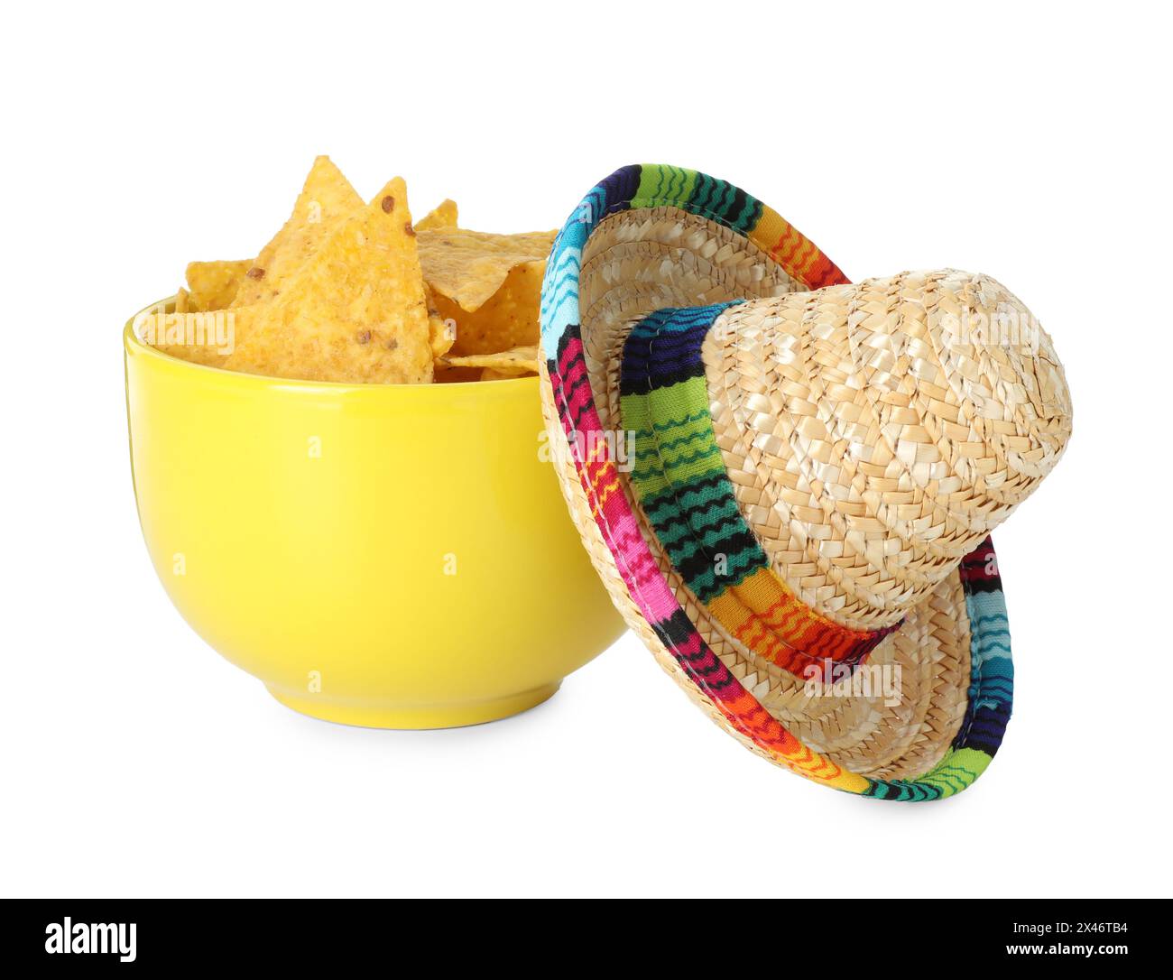 Mexican sombrero hat and nachos chips in bowl isolated on white Stock ...
