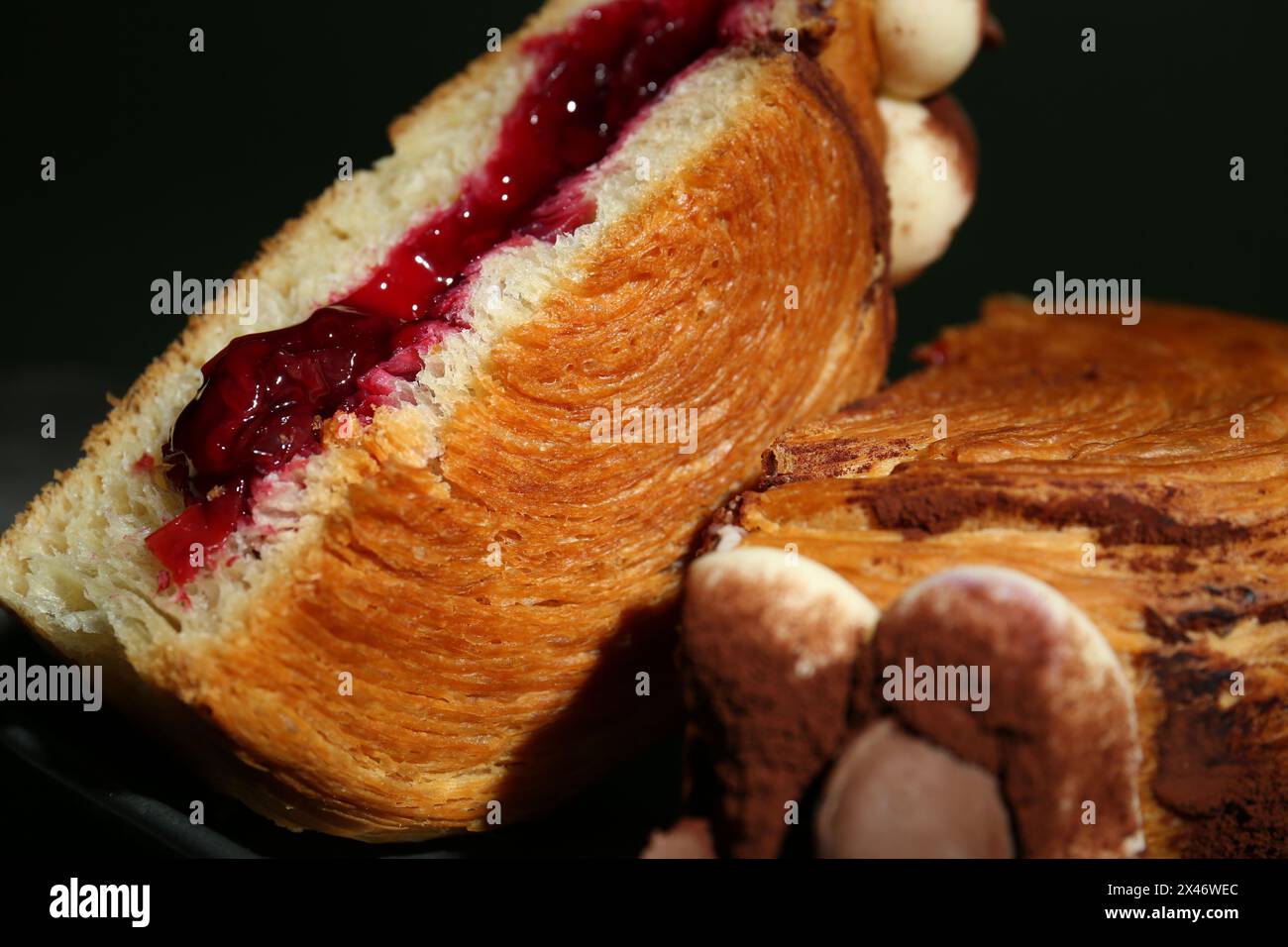 Round croissant with jam on plate, closeup. Tasty puff pastry Stock ...