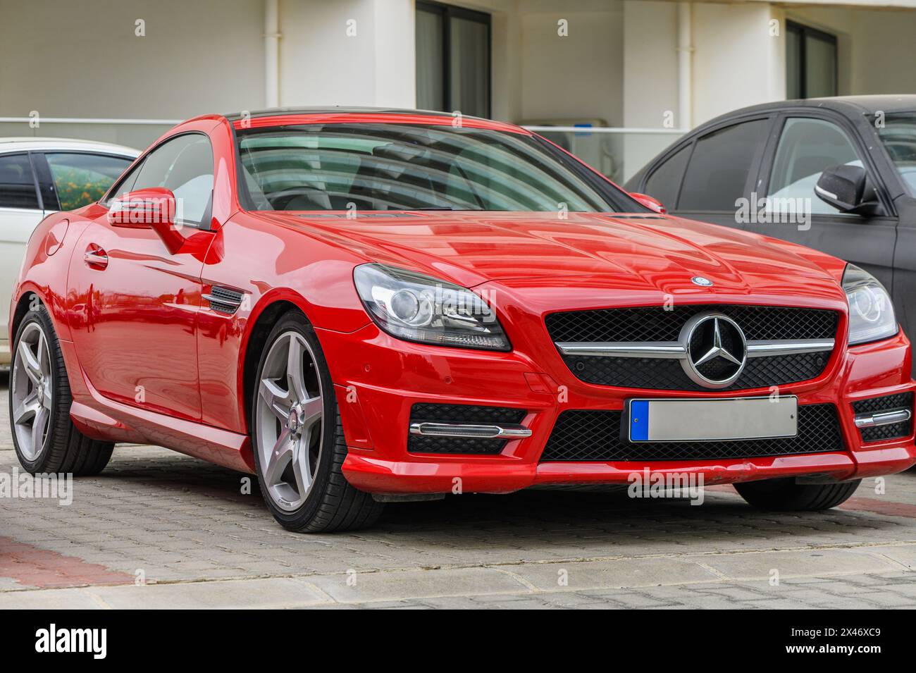 Gaziveren Cyprus 04.24.2024-red Mercedes Benz SLK 250 in the parking ...