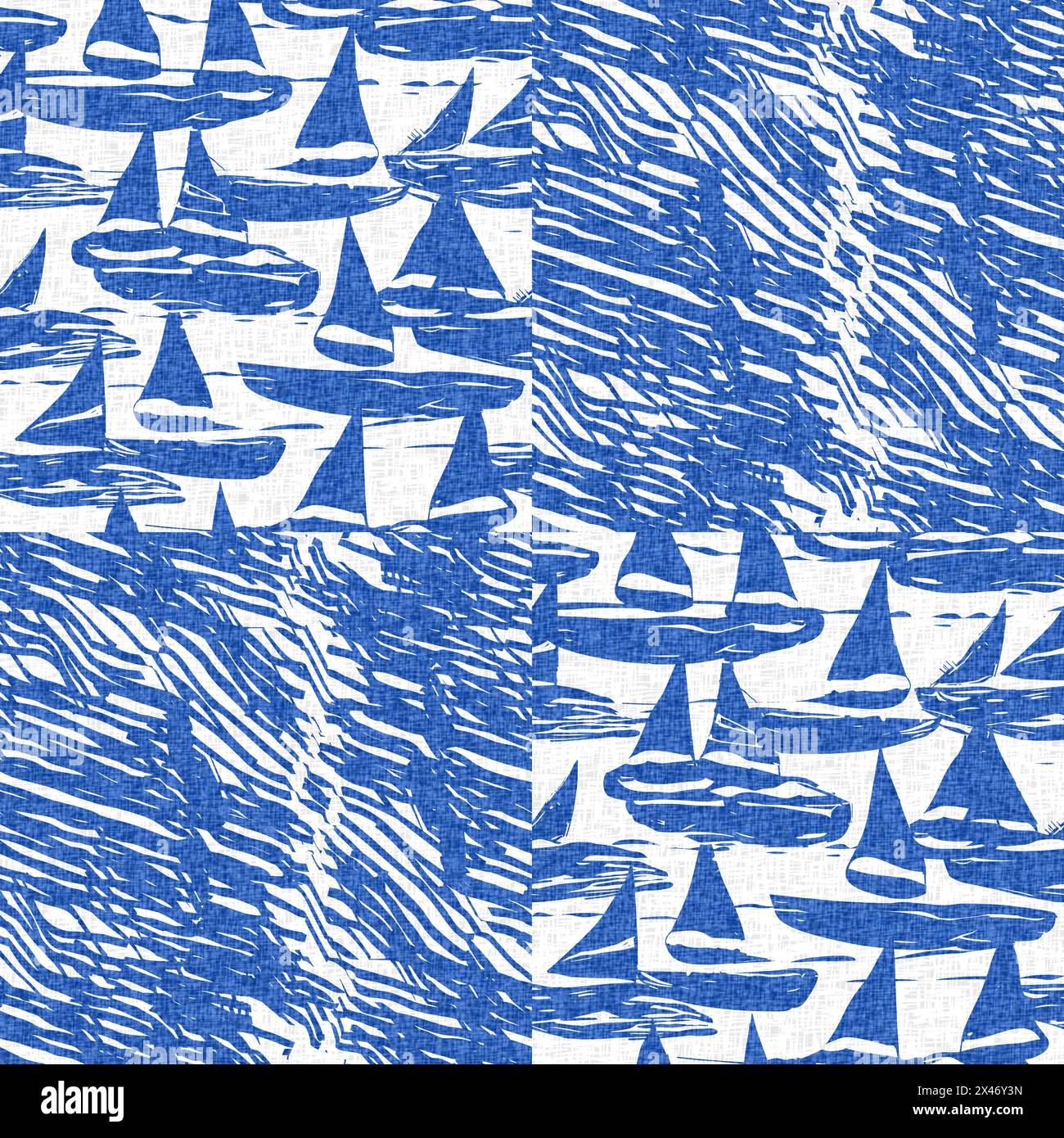 Coastal summer patchwork sail boat in azure ocean blue seamless ...