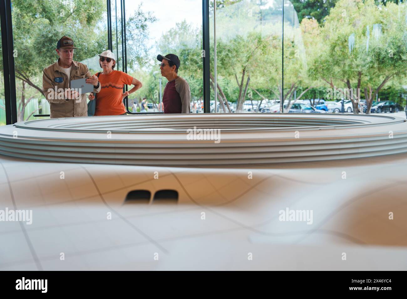 Modern Apple Store interior with curved table design, employees and ...