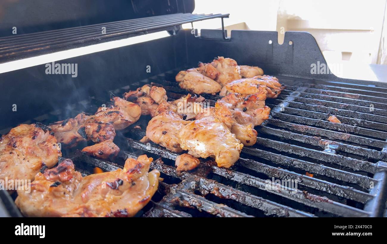 Grilling Marinated Chicken on an Outdoor BBQ Grill Stock Photo - Alamy