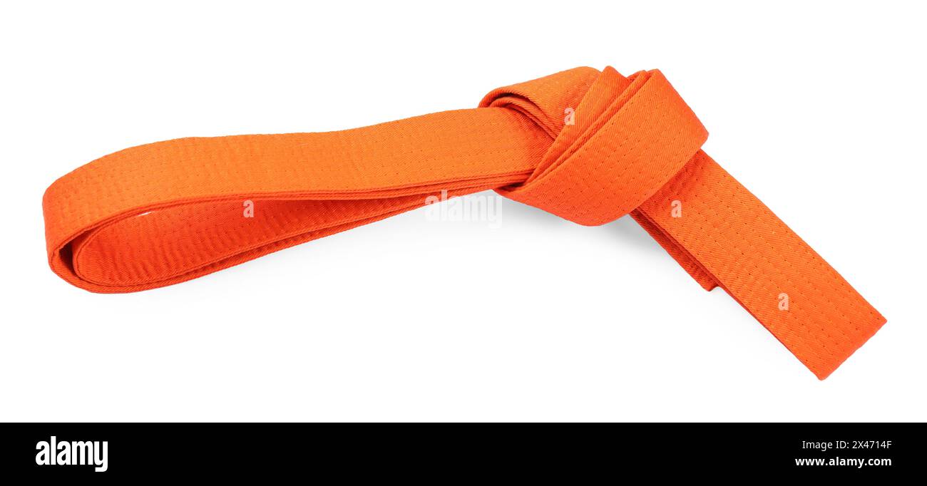 Orange karate belt isolated on white, top view. Martial arts uniform ...