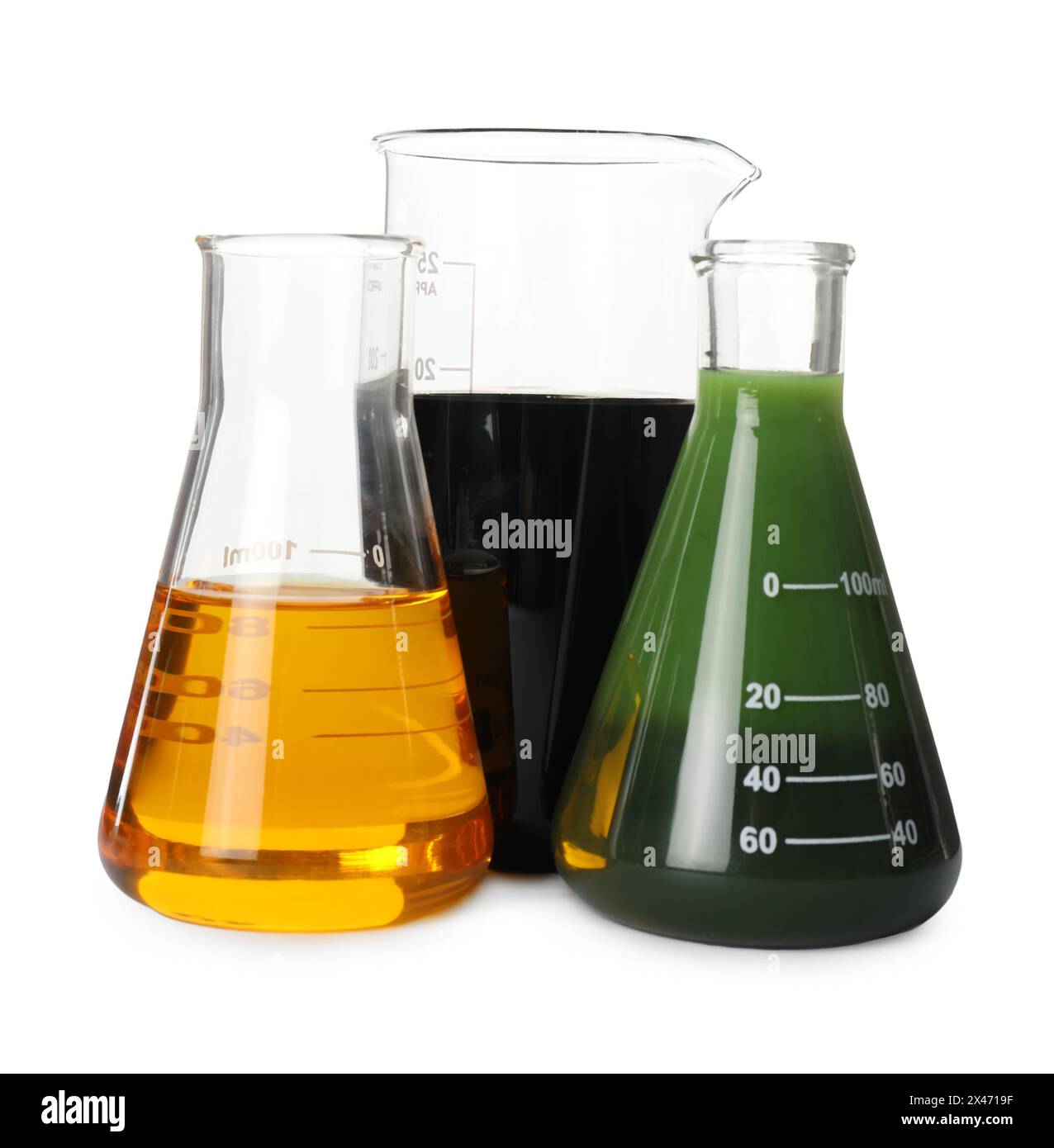 Laboratory glassware with different types of crude oil isolated on ...
