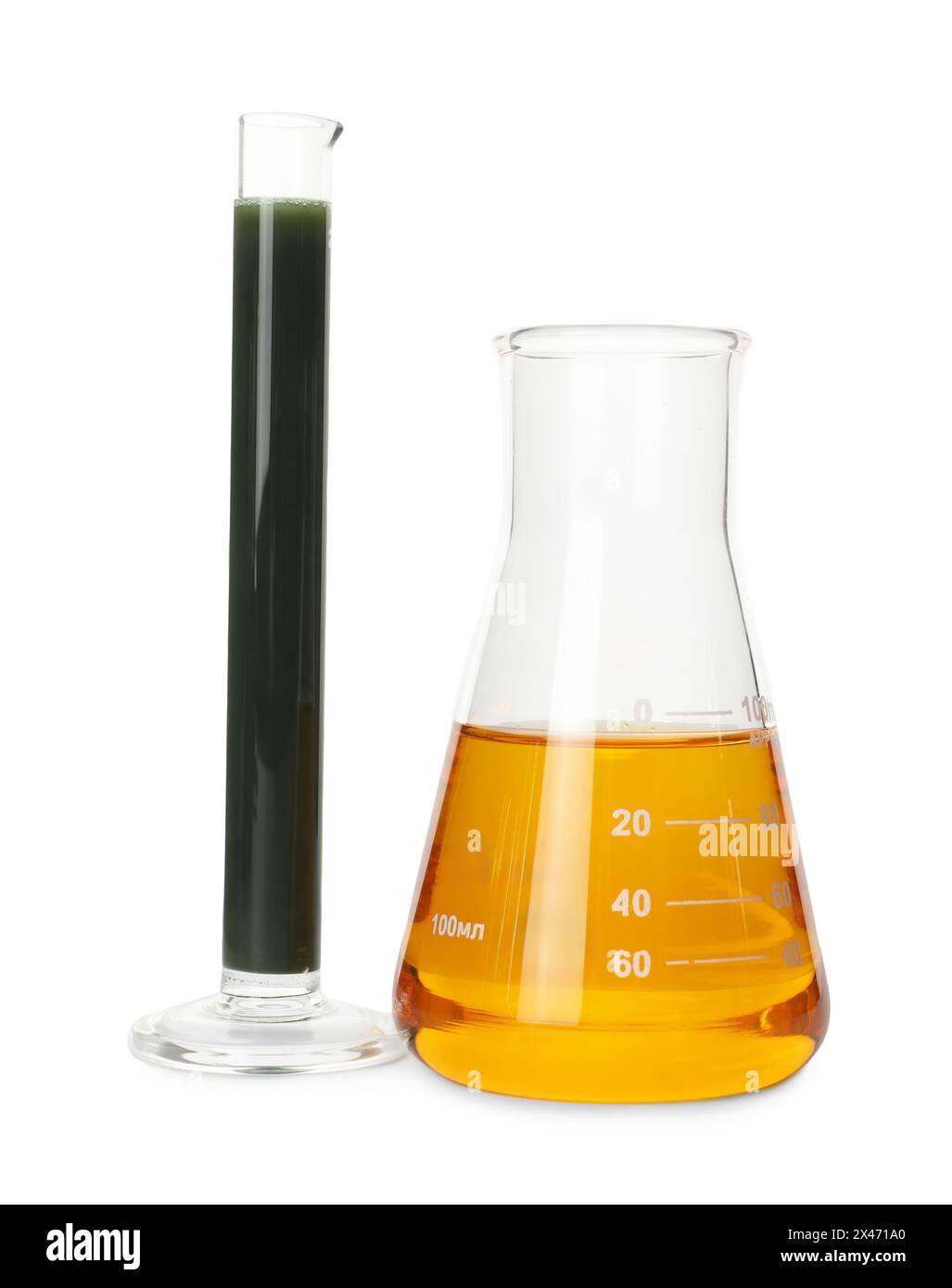 Test tube and flask with different types of crude oil isolated on white ...