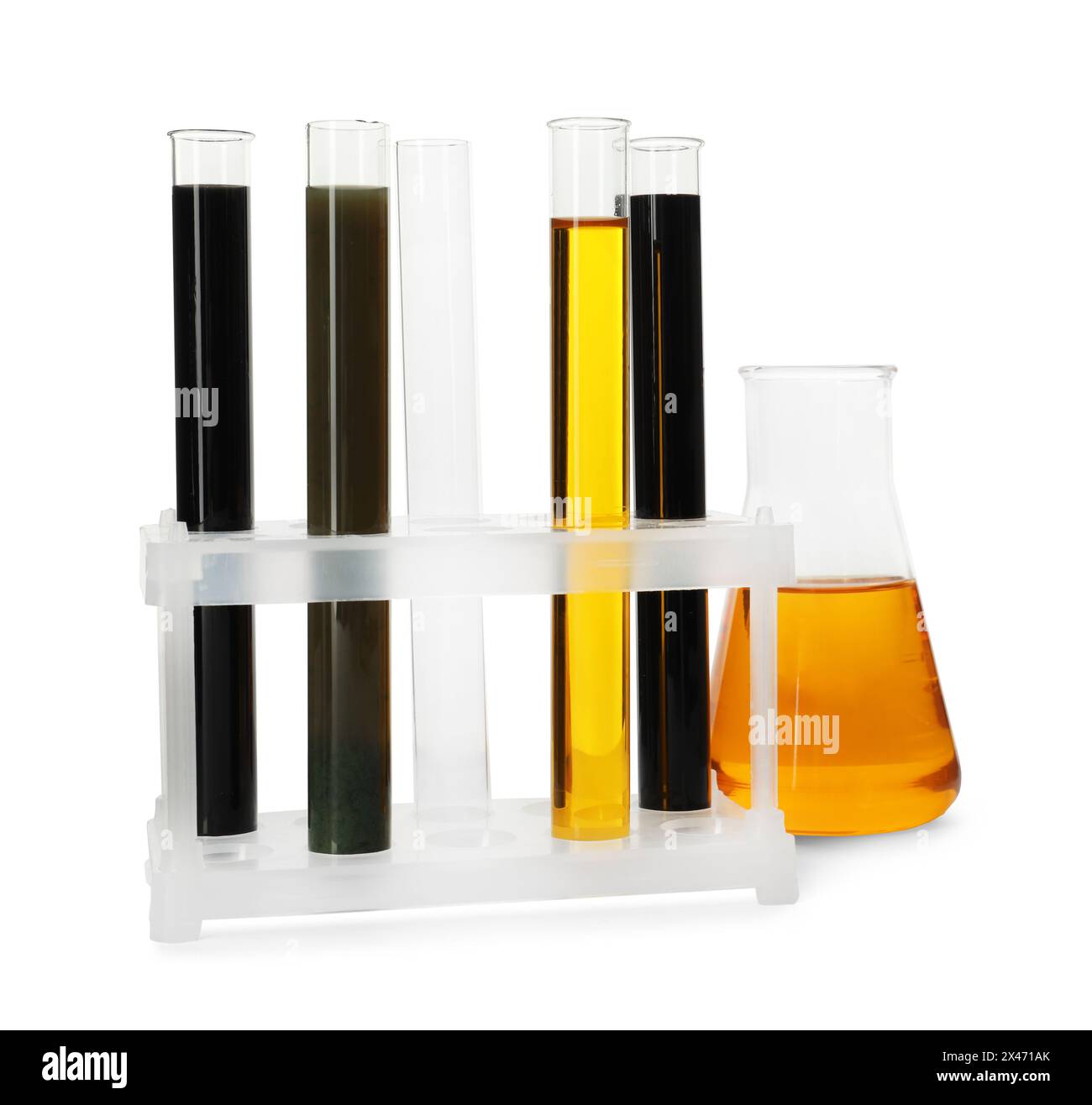 Test tubes and flask with different types of oil isolated on white ...