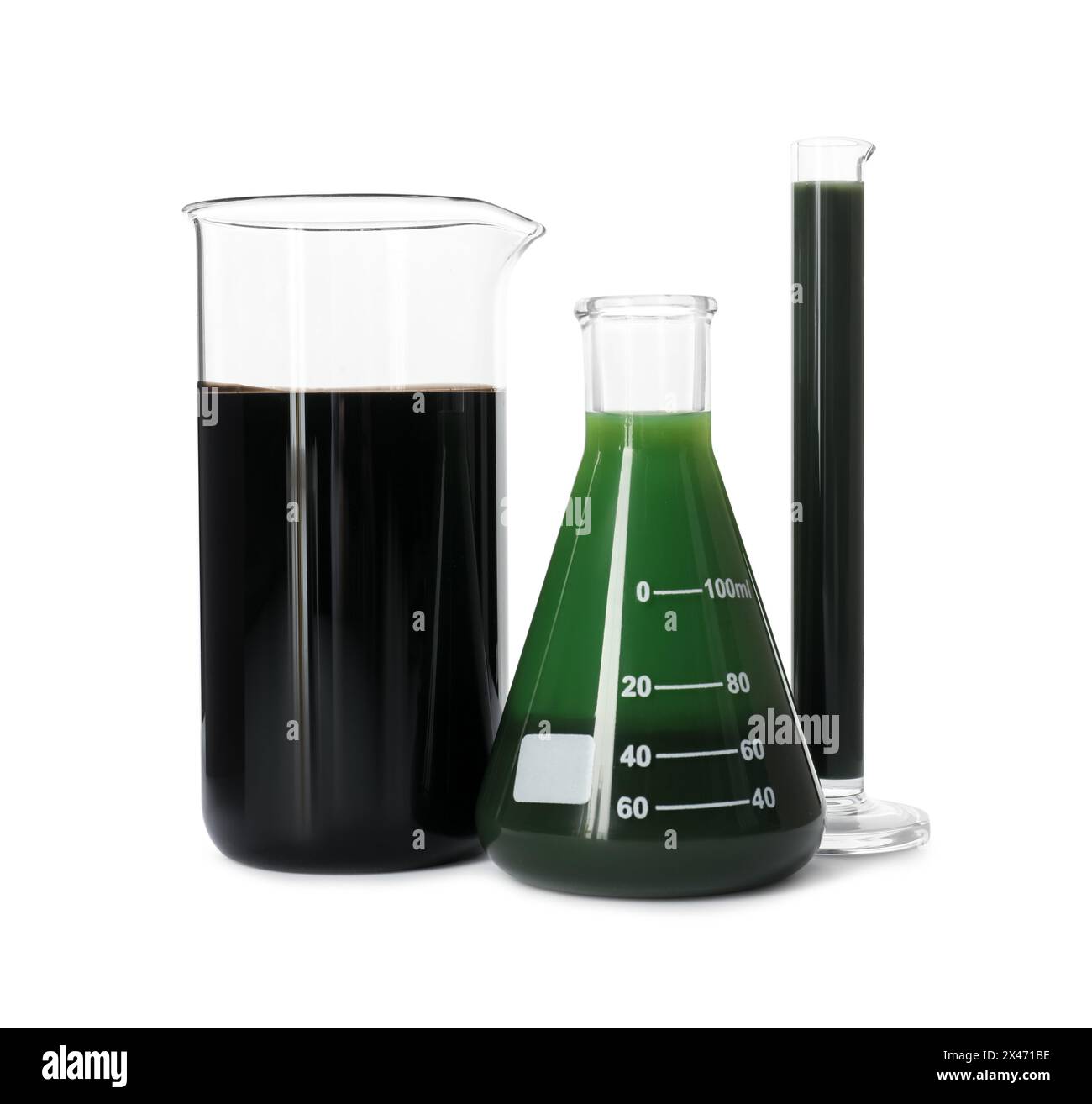 Beaker, test tube and flask with different types of oil isolated on ...