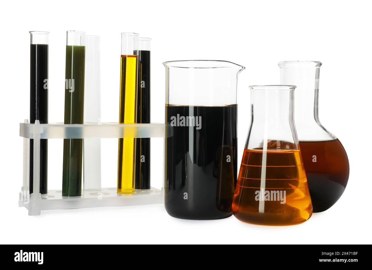 Beaker, test tubes and flasks with different types of oil isolated on ...