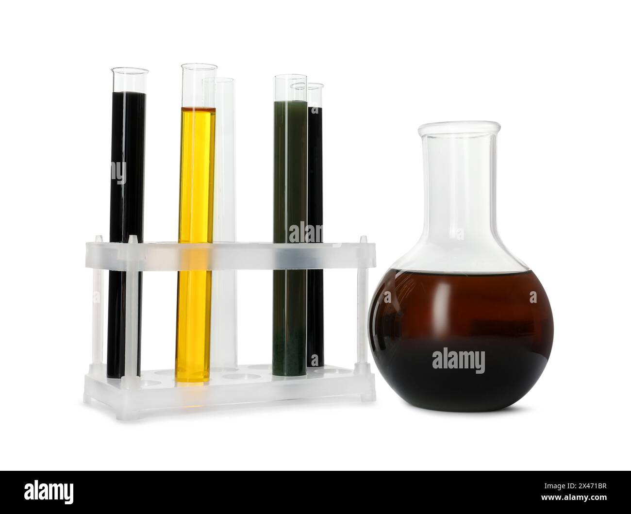 Test tubes and flask with different types of oil isolated on white ...