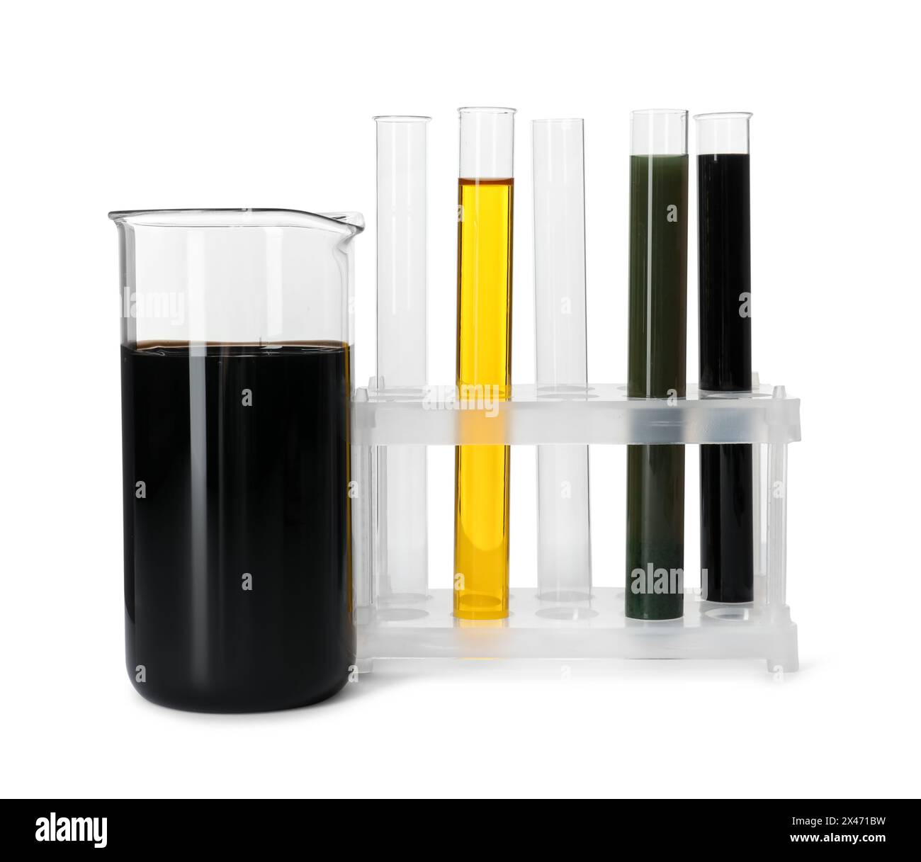 Beaker and test tubes with different types of oil isolated on white ...