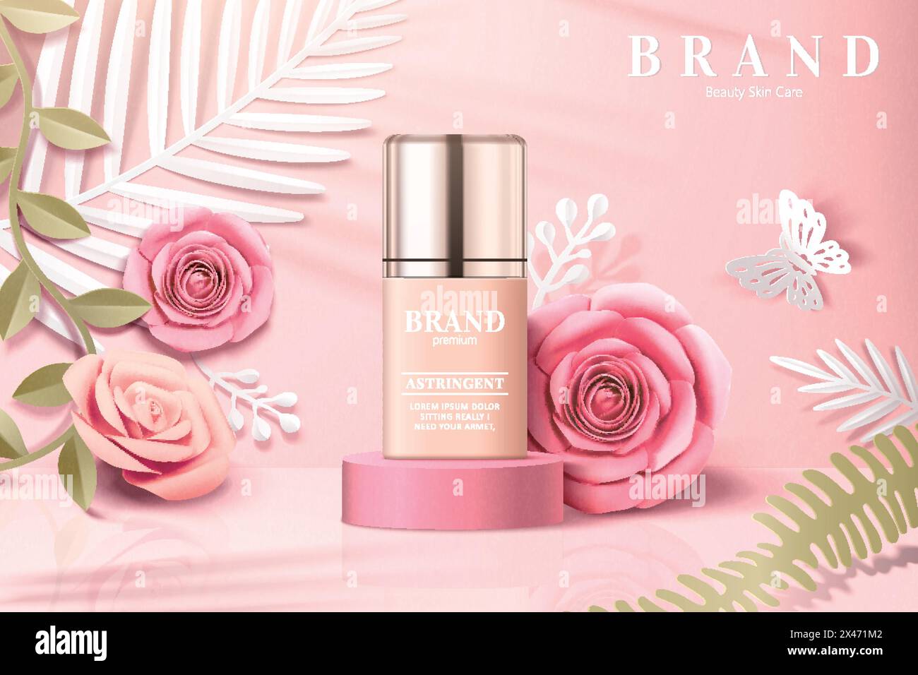 Foundation product ads with paper flowers garden background in 3d ...