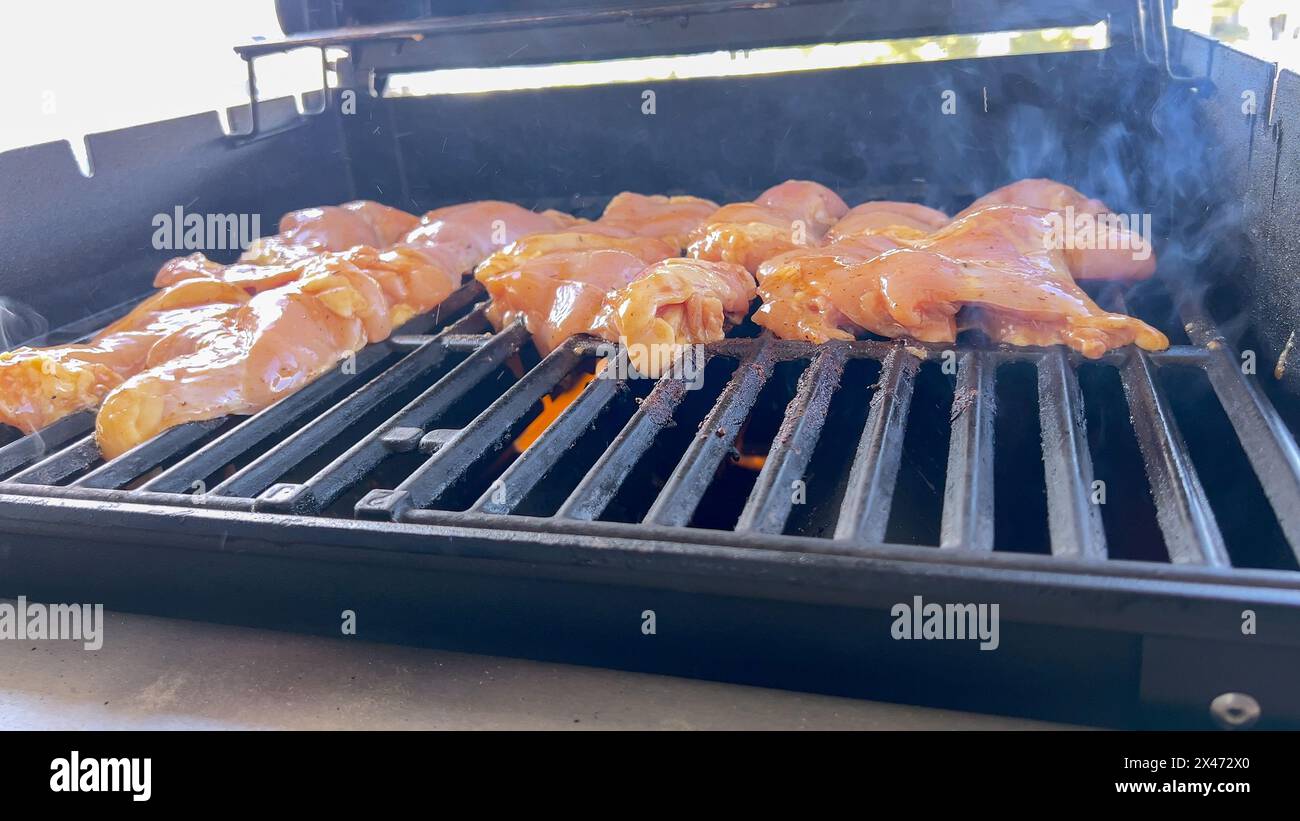 Grilling Marinated Chicken on an Outdoor BBQ Grill Stock Photo - Alamy