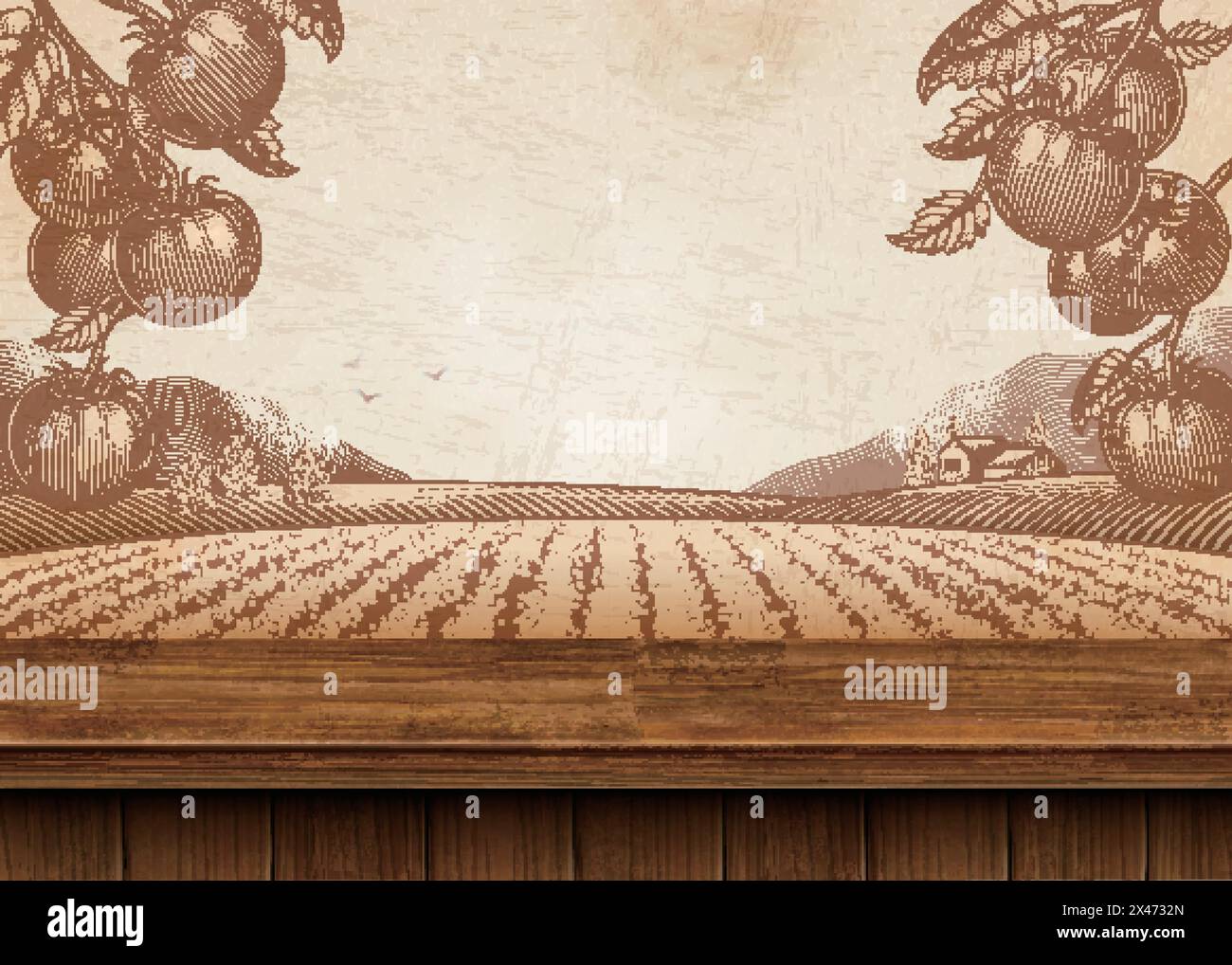 Tomato orchard background with 3d illustration wooden table and ...