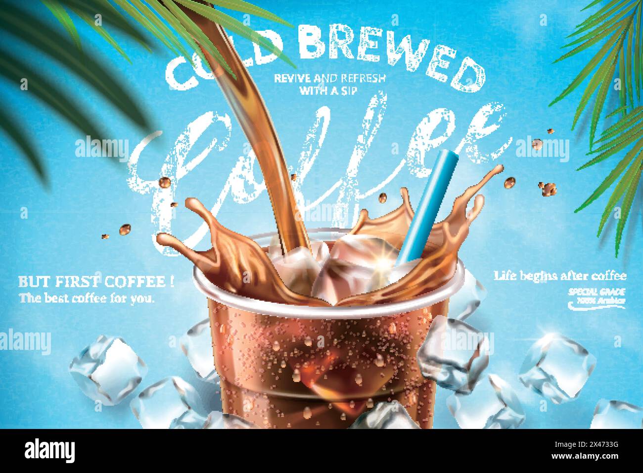 Cold brewed coffee pouring down from top into takeaway cup with ice cubes on light blue ...