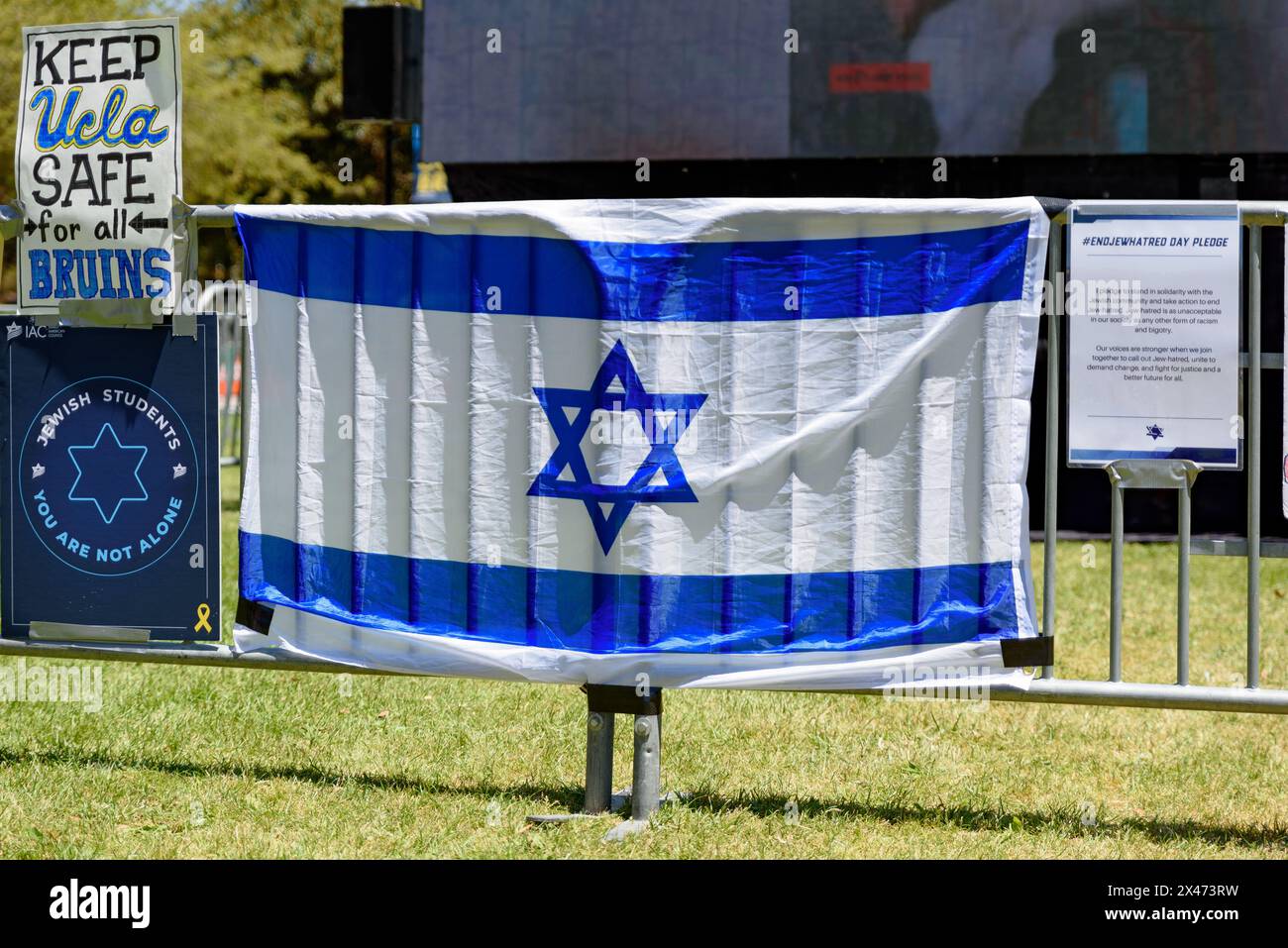 Display and flag at Israeli encampment during Palestine protest at UCLA ...