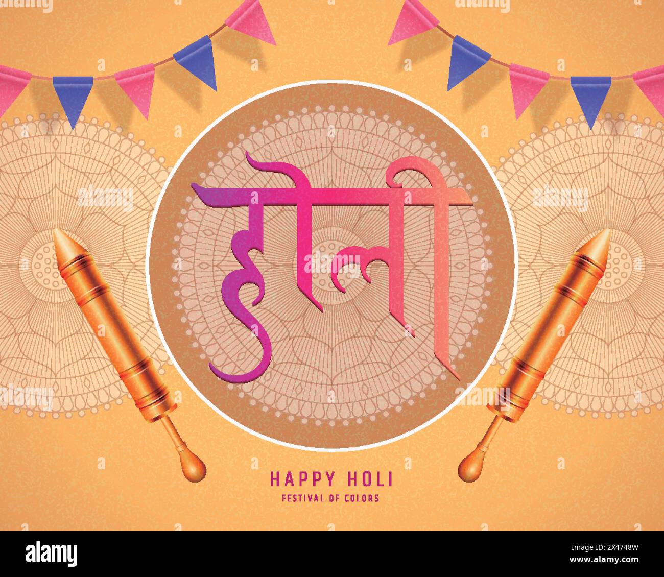 Happy holi festival with metal pichkari and flags on rangoli background ...