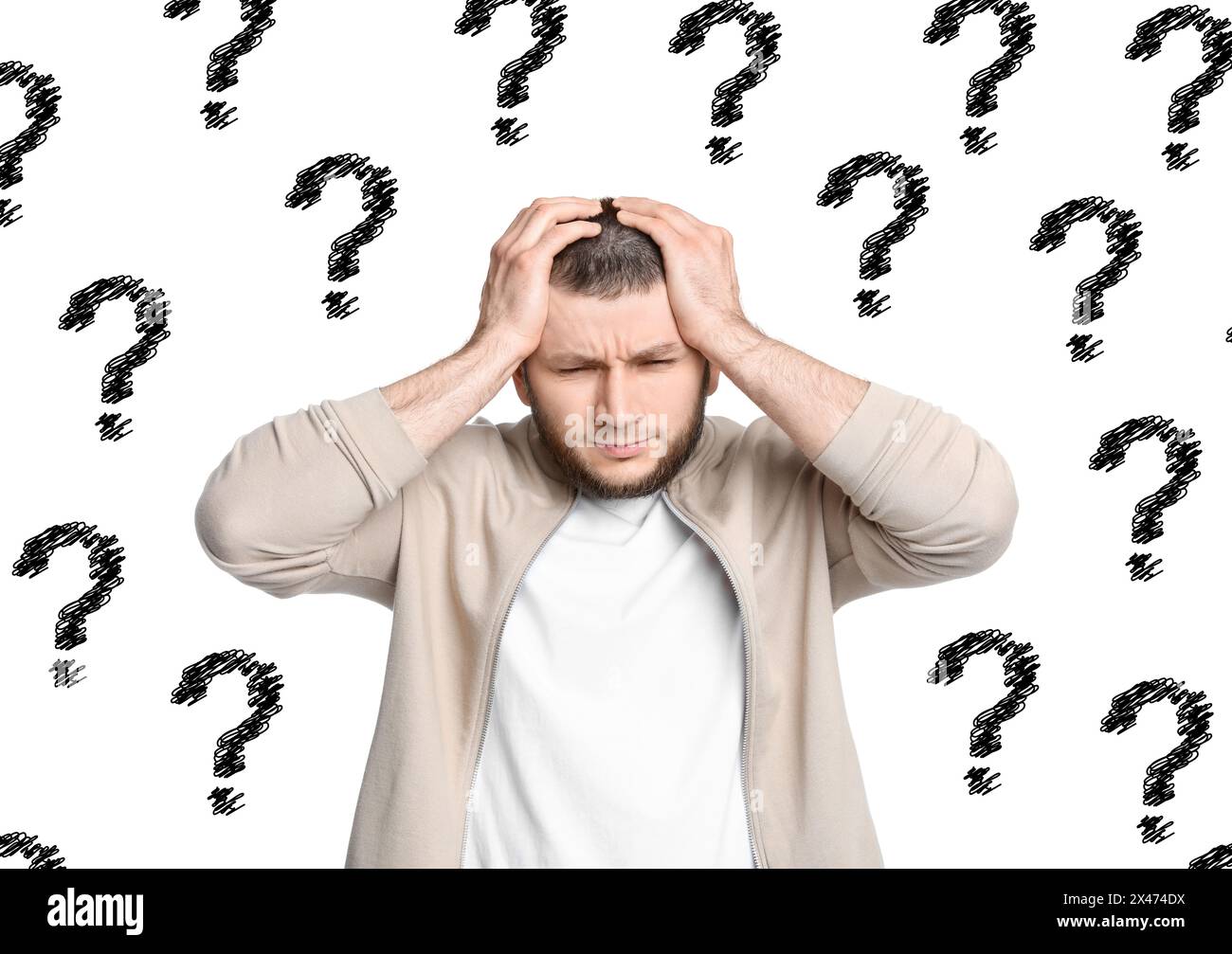 Amnesia. Confused man and question marks on white background Stock ...