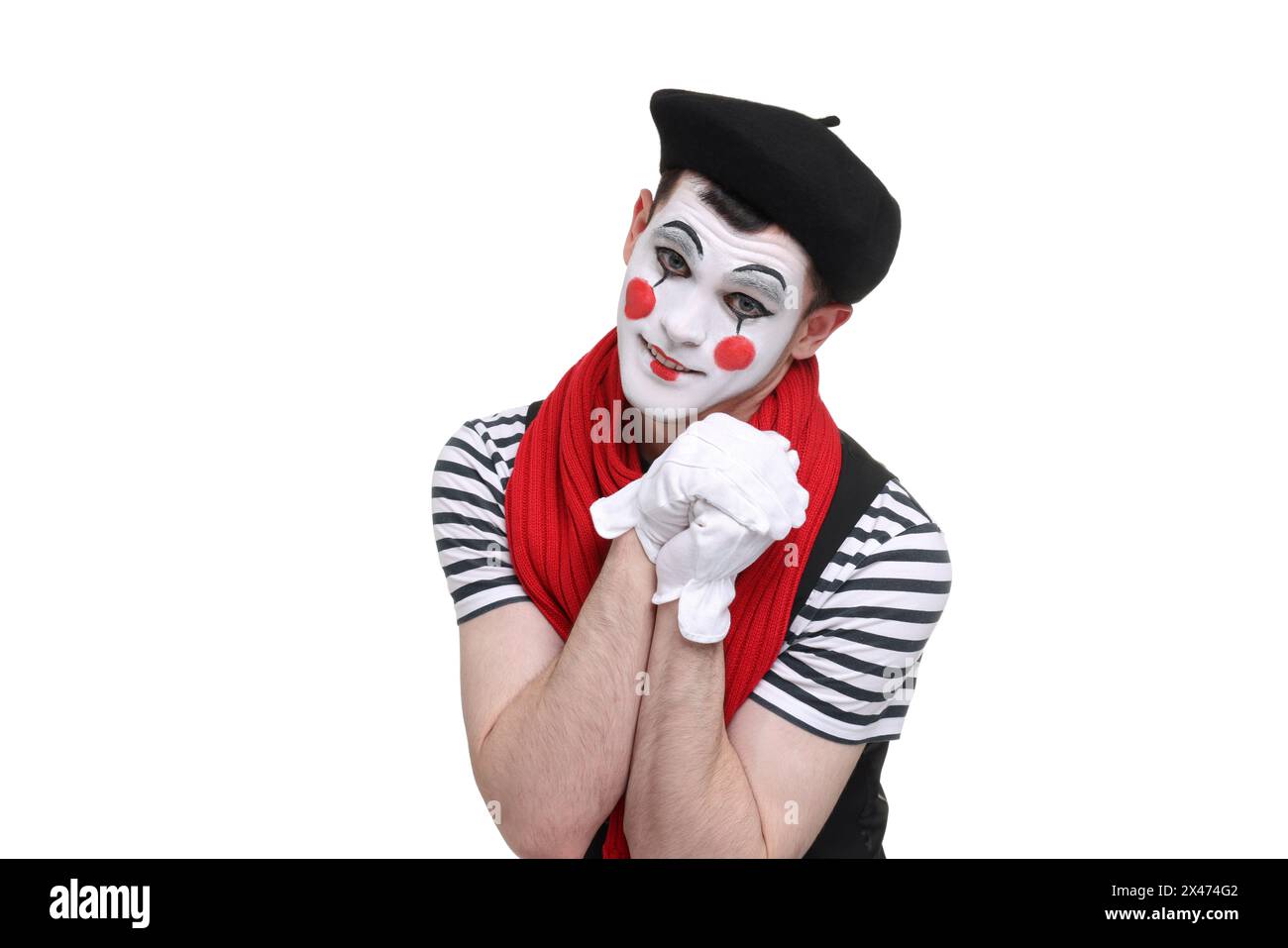 Funny mime artist in beret posing on white background Stock Photo - Alamy