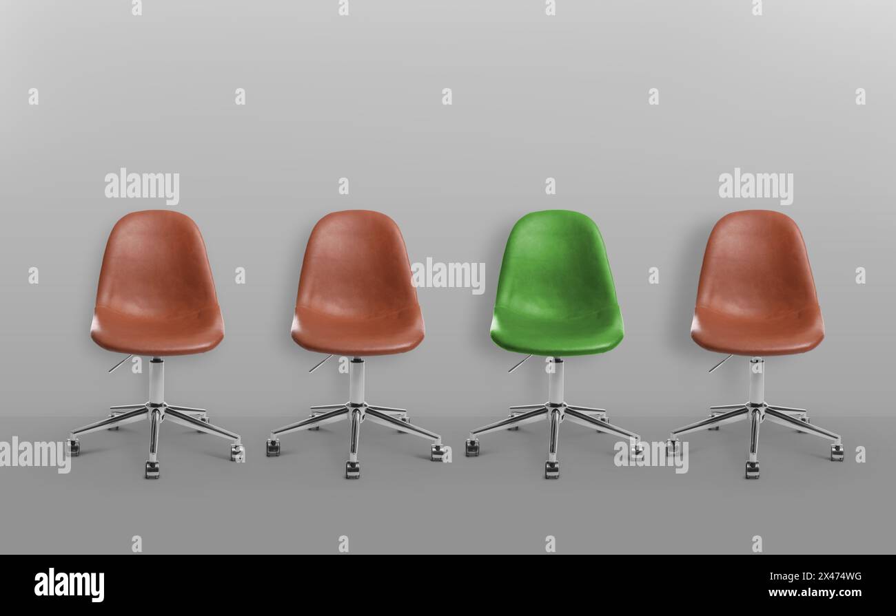 Vacant position. Green office chair among brown ones on grey background ...