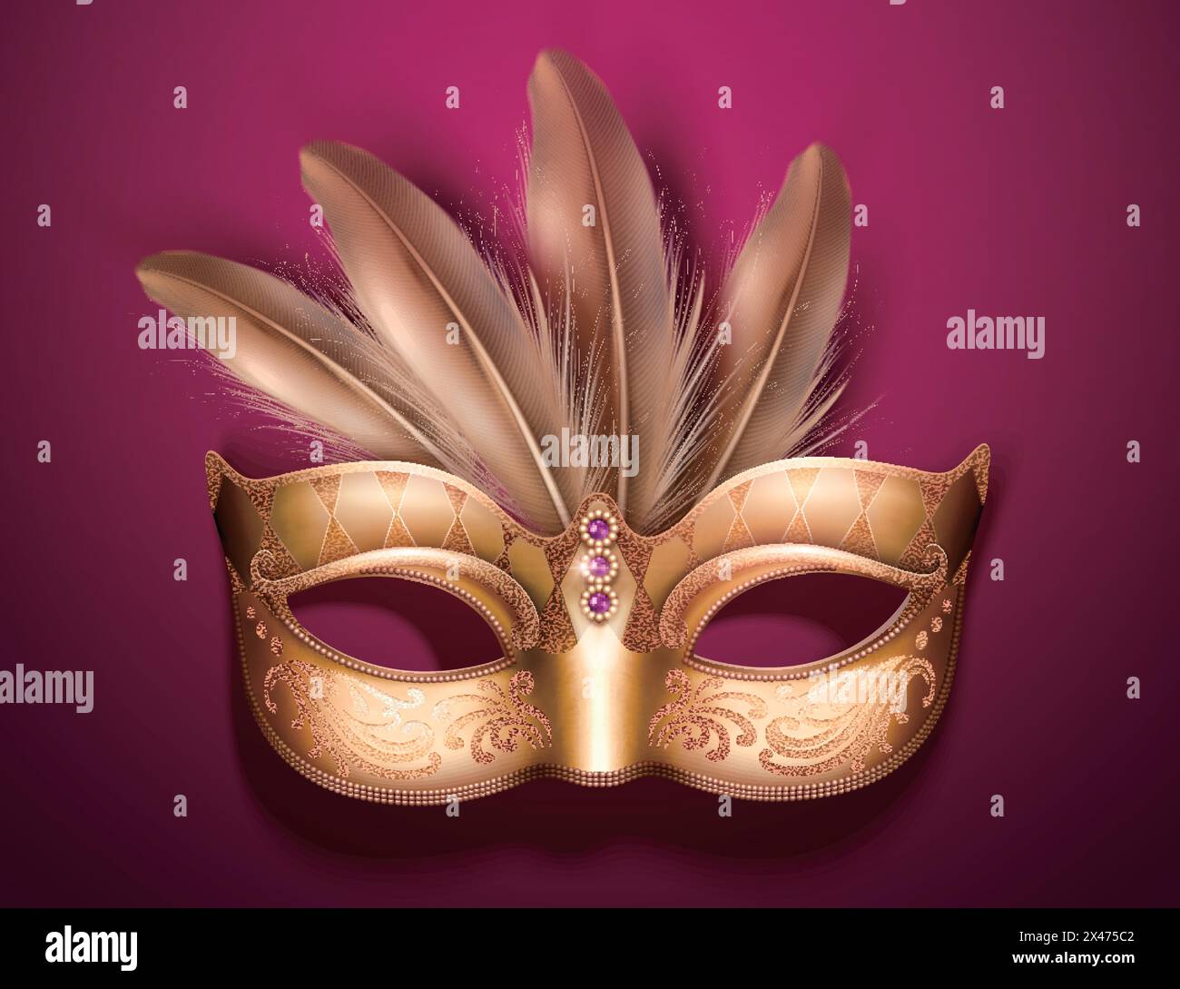 Glamorous golden mask with feathers in 3d illustration on burgundy ...