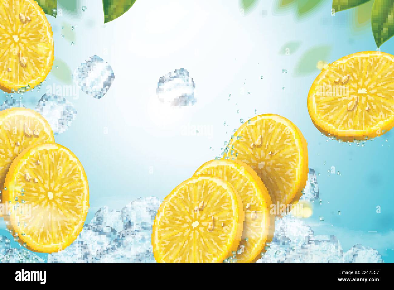 Lemon with ice cubes refreshing background in 3d illustration with ...