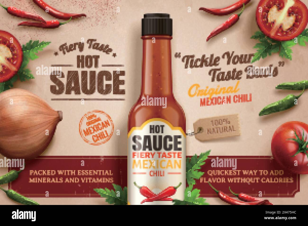 Hot sauce ads with chilli and ingredients on kraft paper background in ...