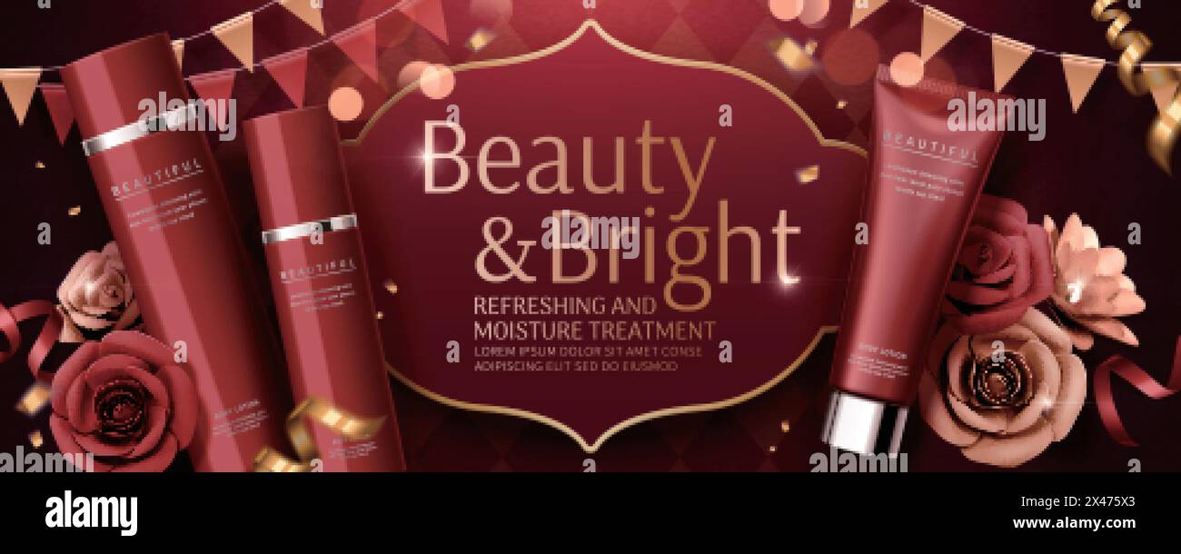 Red skincare set banner ads with flags and paper roses in 3d ...