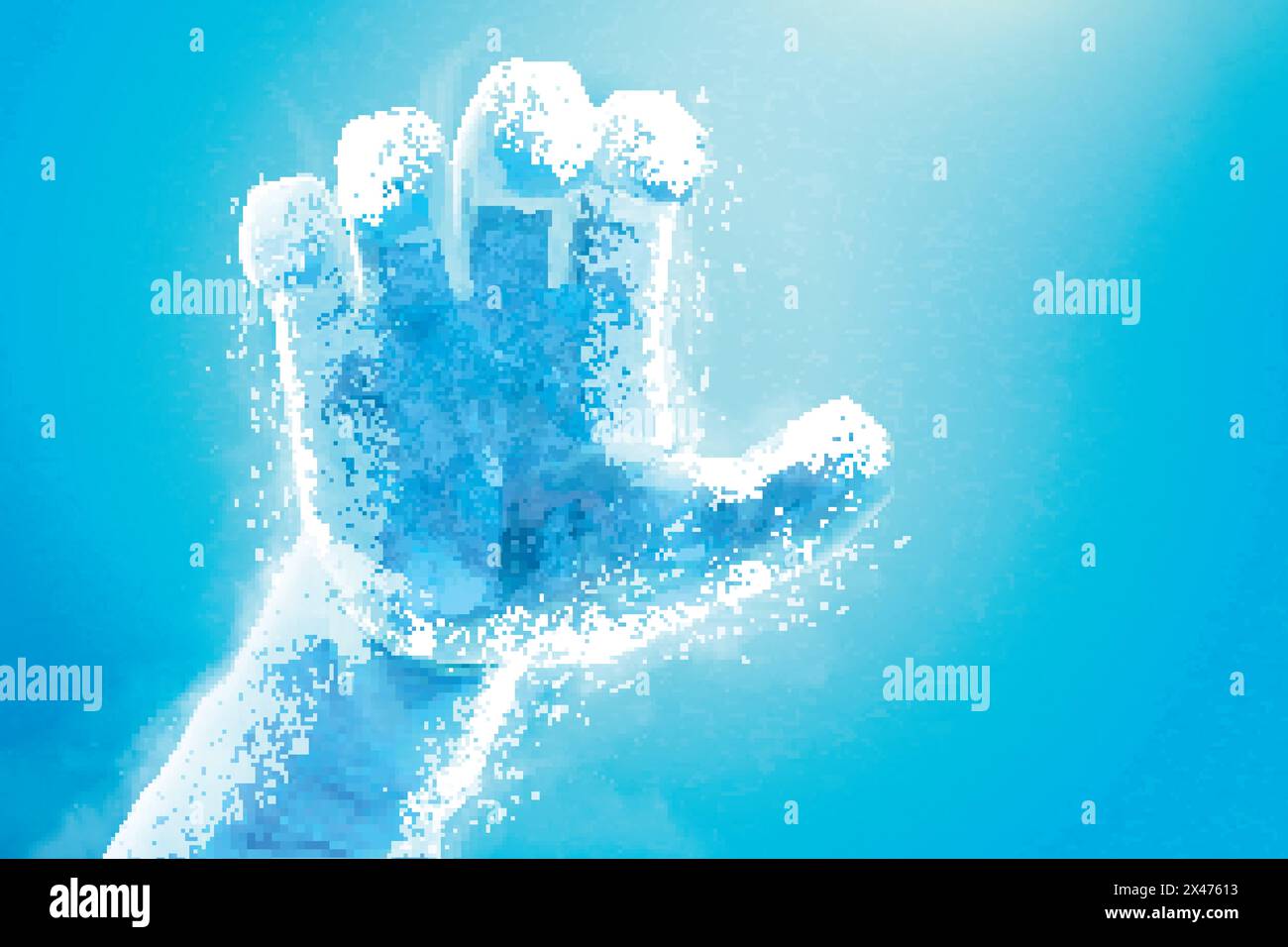 Frozen hand in 3d illustration on blue background, ice sculpture effect ...