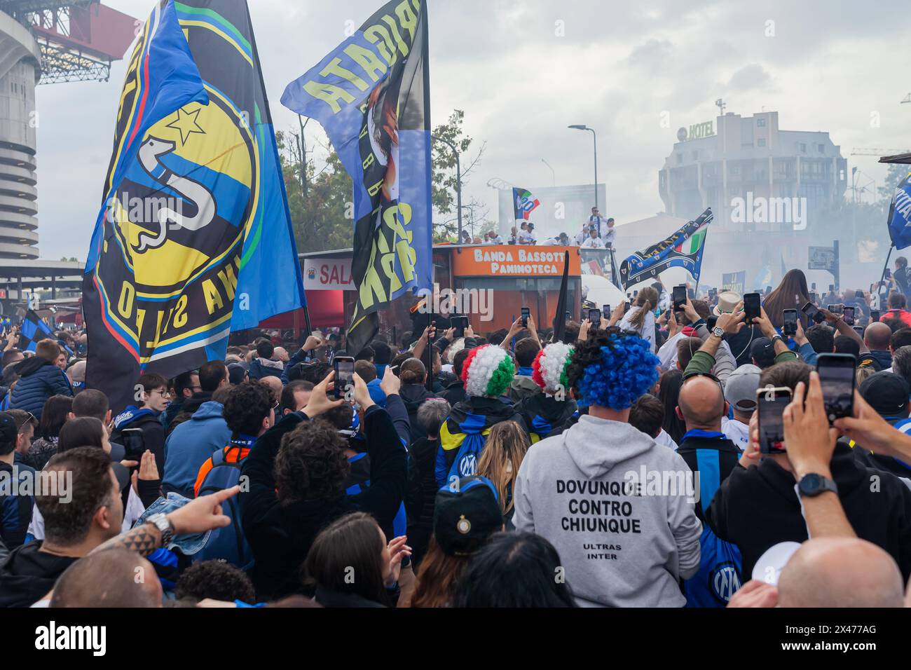 MILAN, ITALY - APRIL 28, 2024: F.C Internazionale fans celebrate by ...